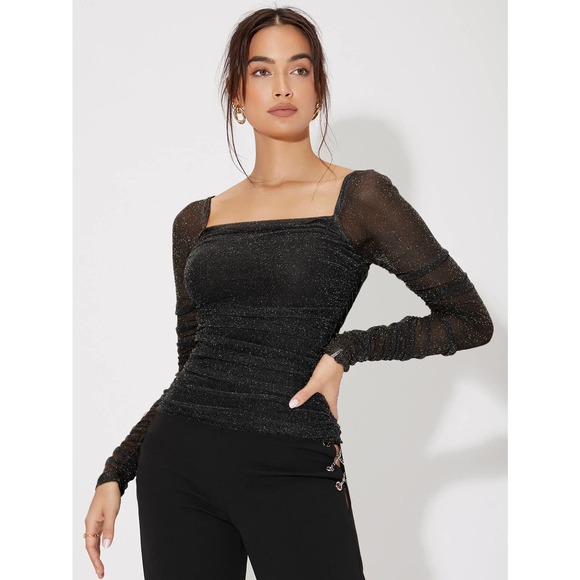 WILA | Tops | Mesh Panel Ruched Glitter Sheer Long Sleeve Square Neck ...